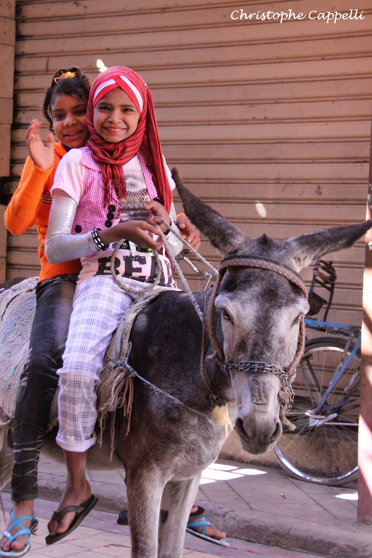 2 girls riding a donkey